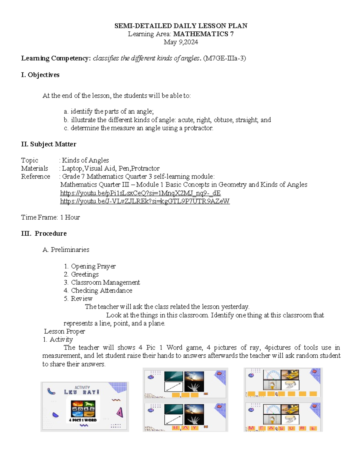 Angles LP - none - SEMI-DETAILED DAILY LESSON PLAN Learning Area ...