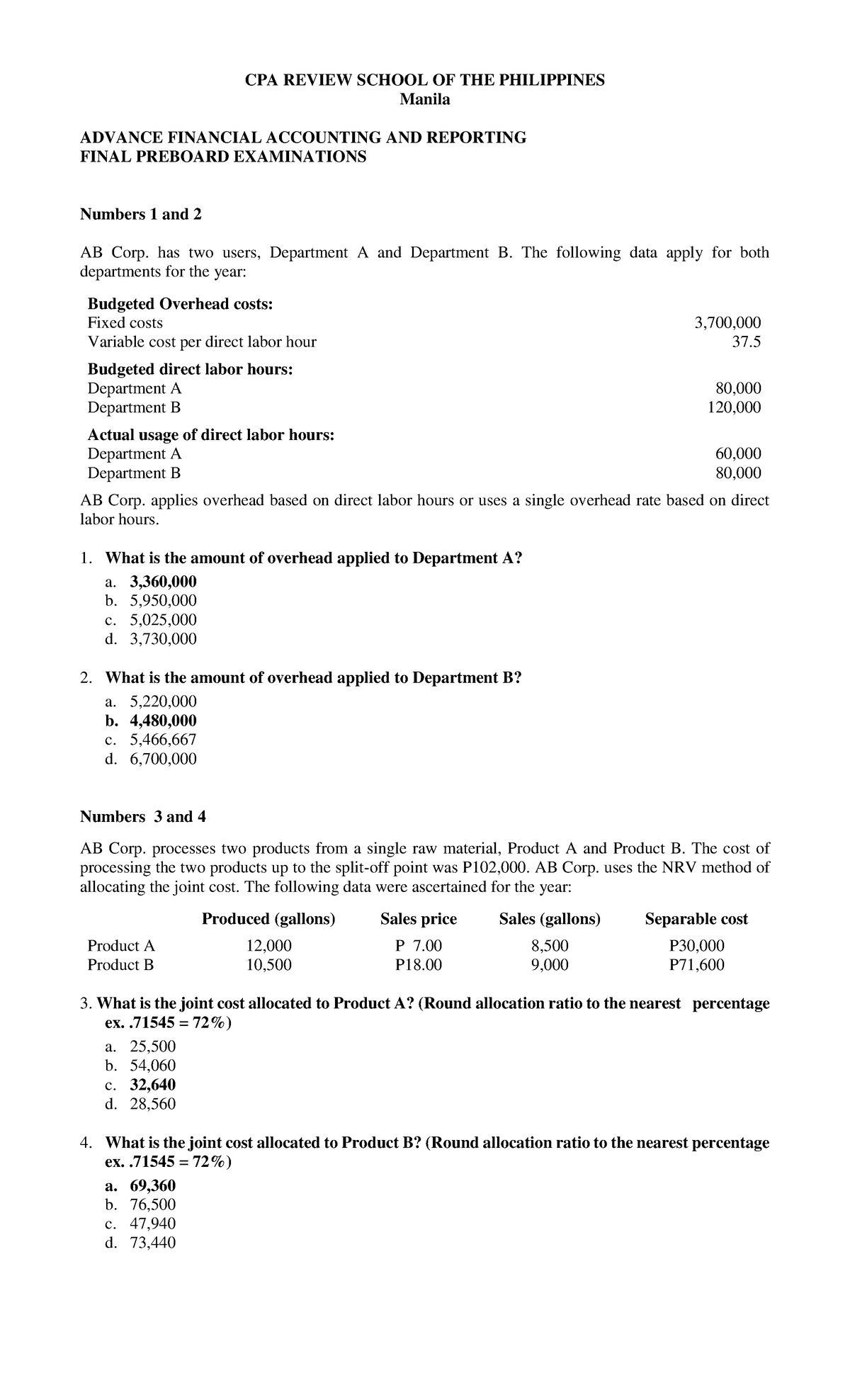 Final Preboard Exam Review for Advance Financial Accounting (VALIX ...