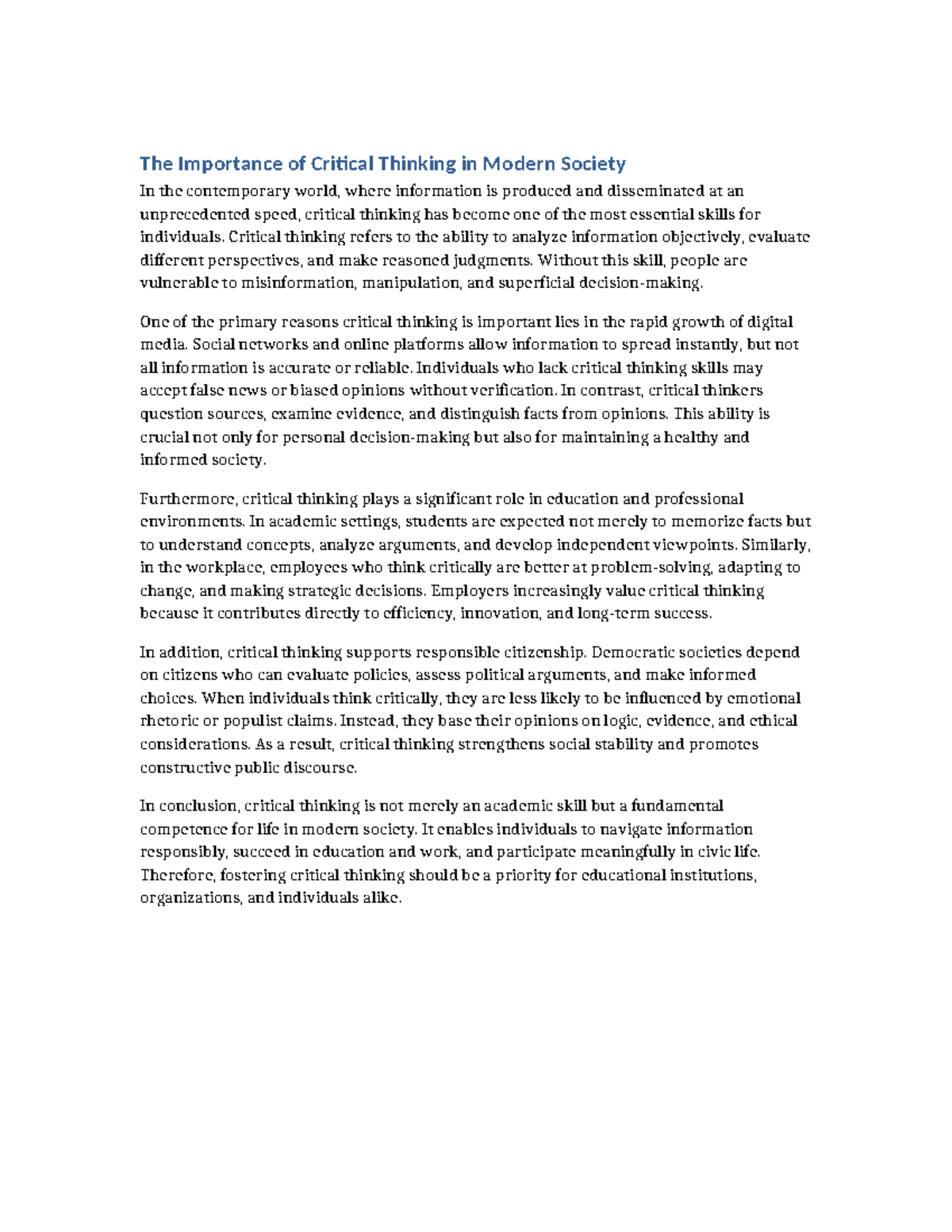 Critical Thinking Essay: Its Role in Modern Society - Studocu