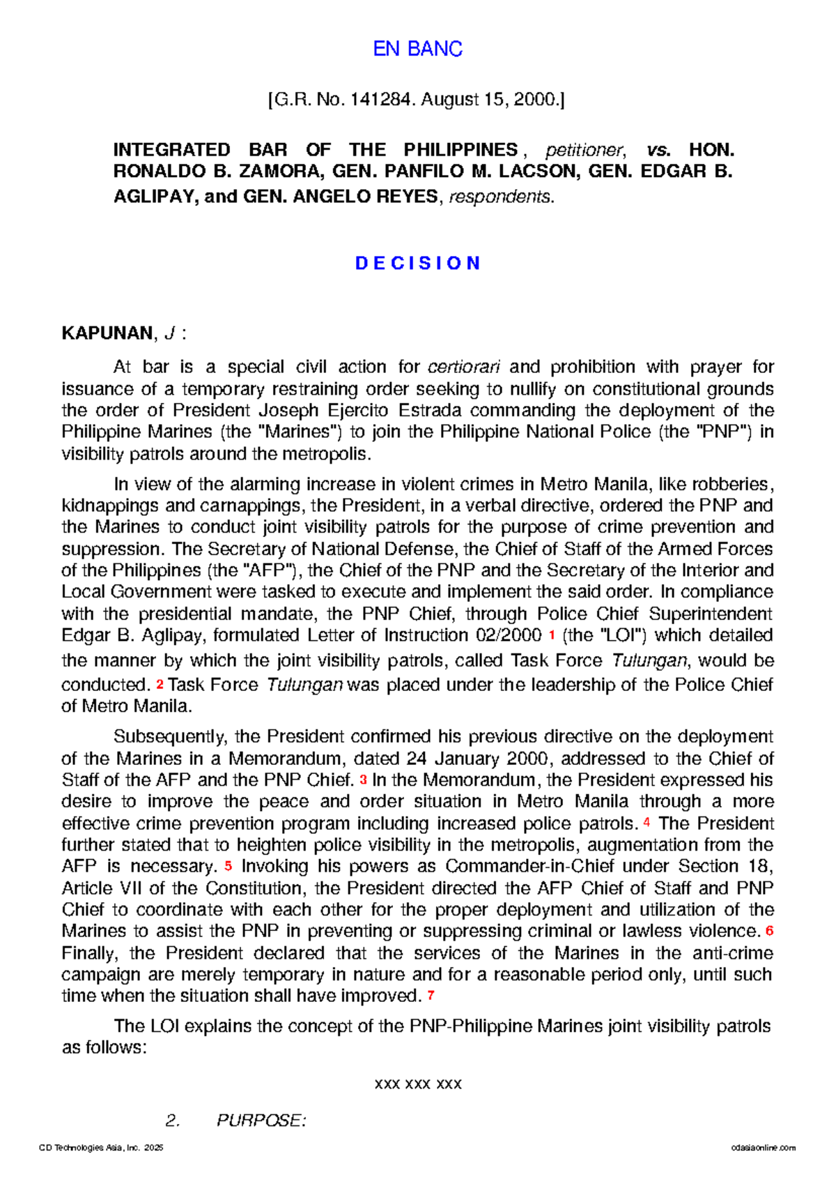 Integrated Bar of the Philippines v. Zamora: Decision on Military Aid ...