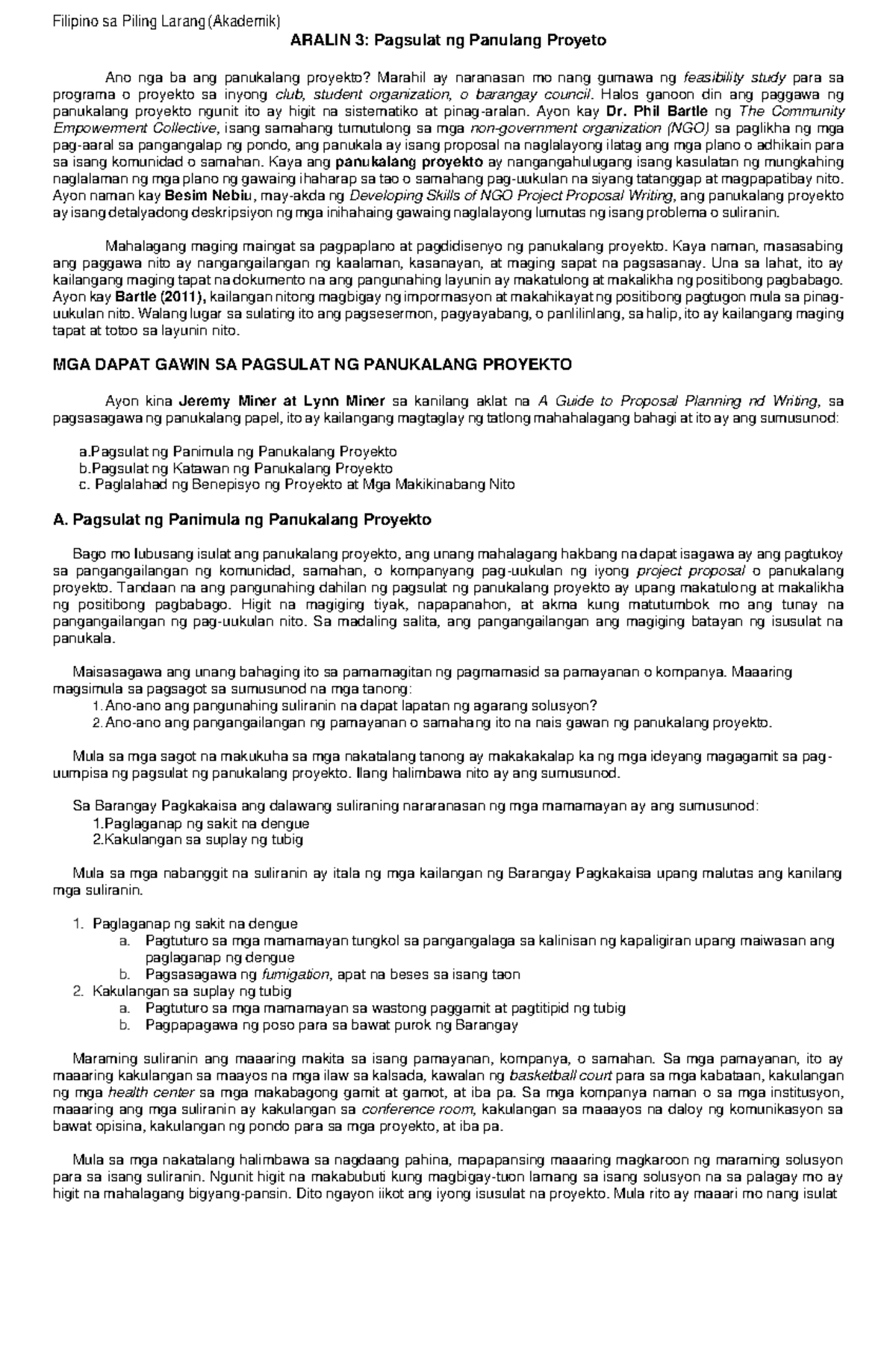 Panukalang Proyekto: Pagsulat ng Epektibong Panimula at Katawan - Studocu