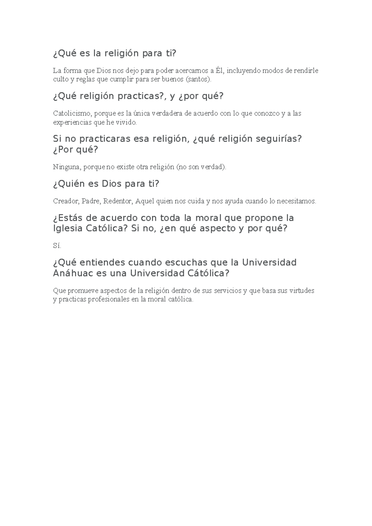 Actividad 5: Reflexiones sobre la Religión y el Catolicismo - Studocu