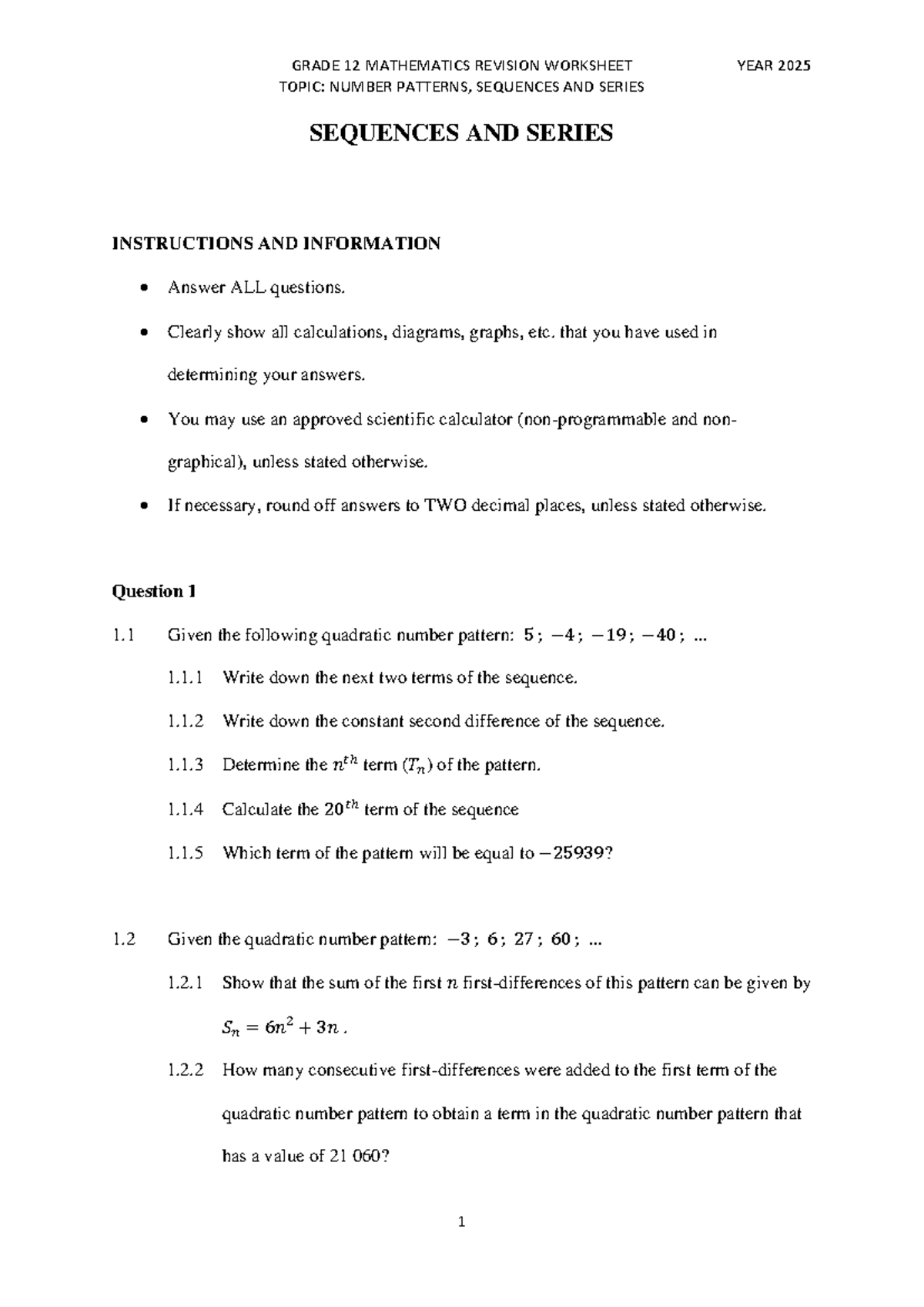 GRADE 12 MATHEMATICS REVISION WORKSHEET: NUMBER PATTERNS & SEQUENCES ...