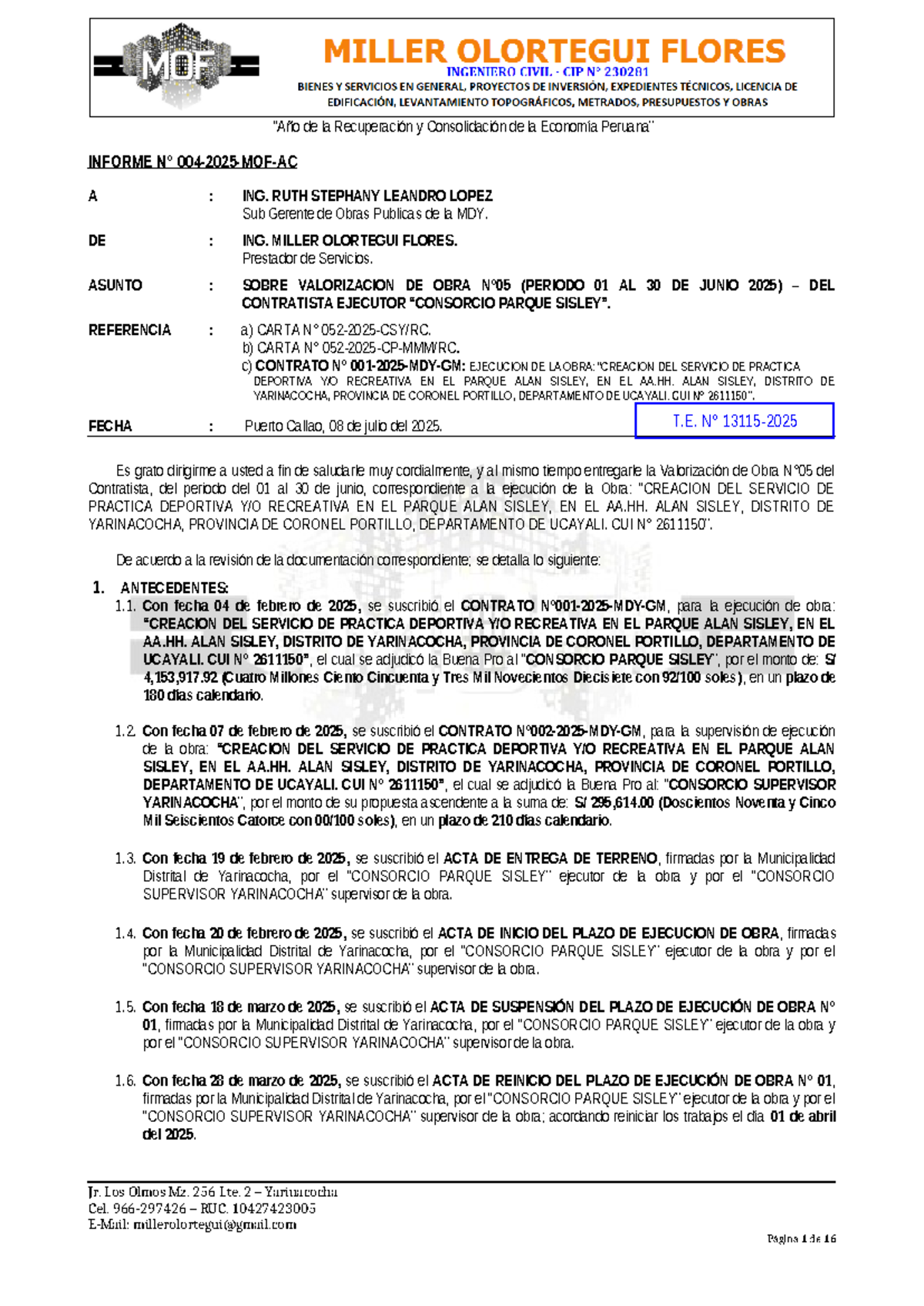 Informe N° 004-2025-MOF: Aprobación de Valorización de Obra - Parque ...