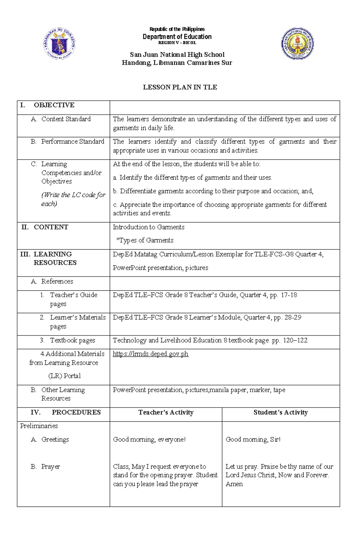 TLE 8 Lesson Plan: Understanding Types of Garments and Their Uses - Studocu