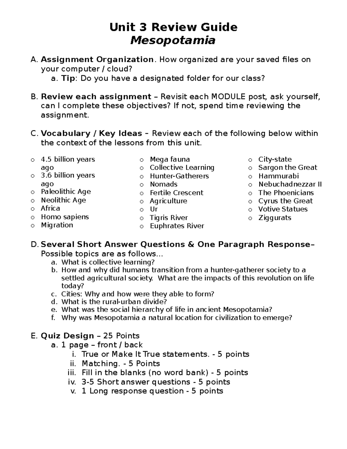 Unit 3 Review Guide: Mesopotamia Concepts & Quiz Prep 2024 - Studocu