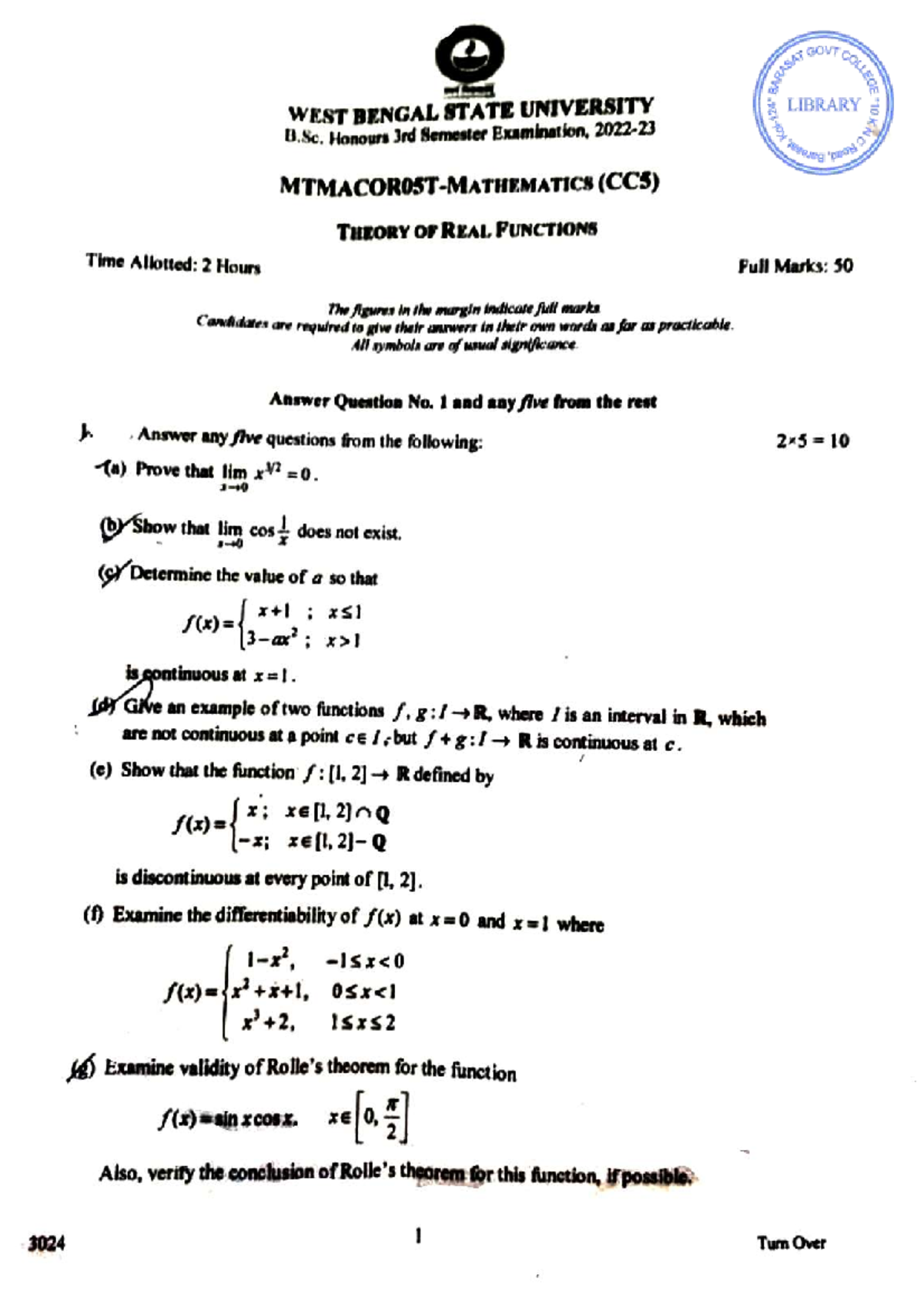 Mathematics (Hons) Question Paper (WBSU) SEM3 MTMA 2019-23 - Studocu
