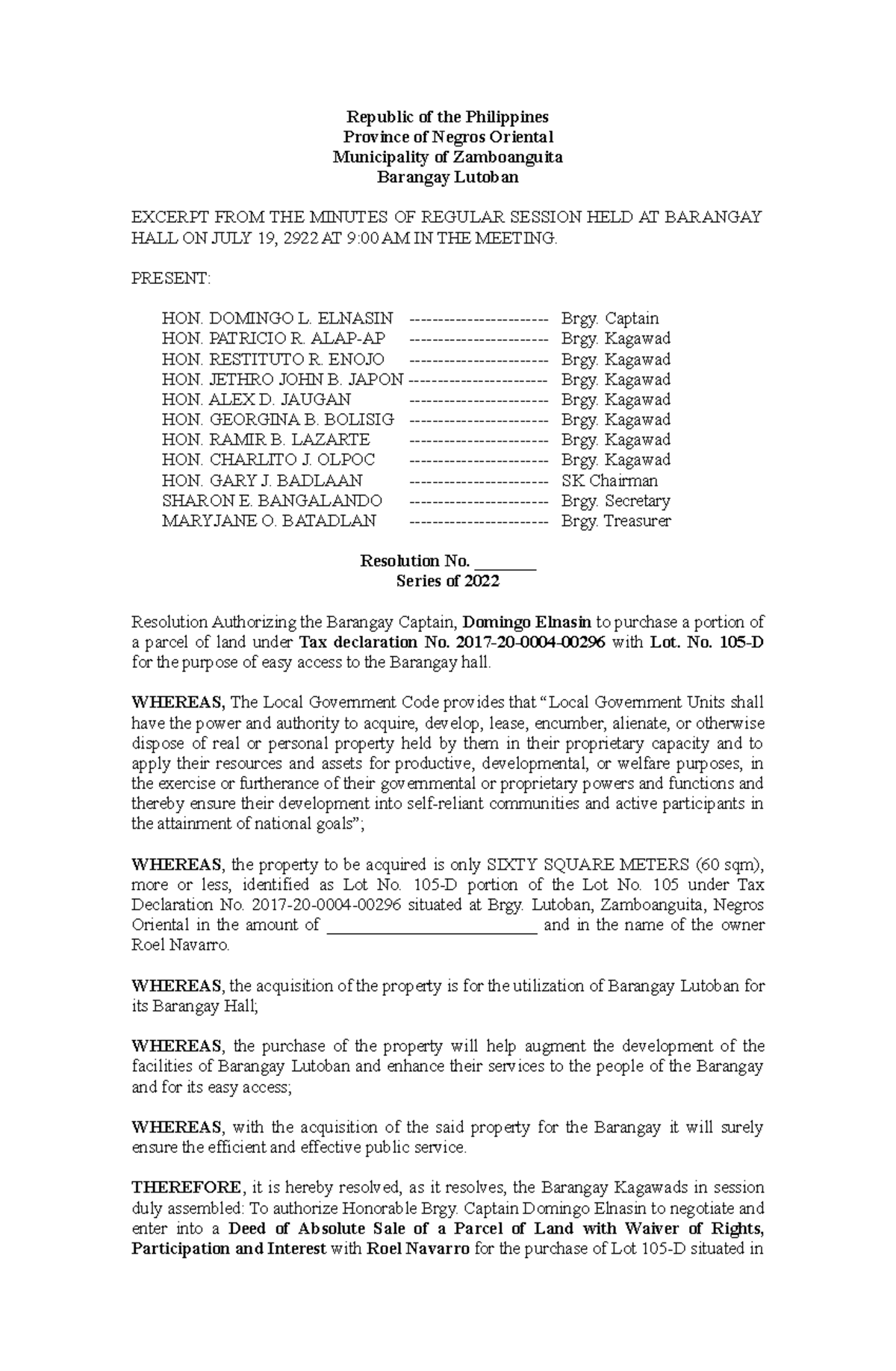 Barangay Resolution purchase of Lot Lutuban - Republic of the ...