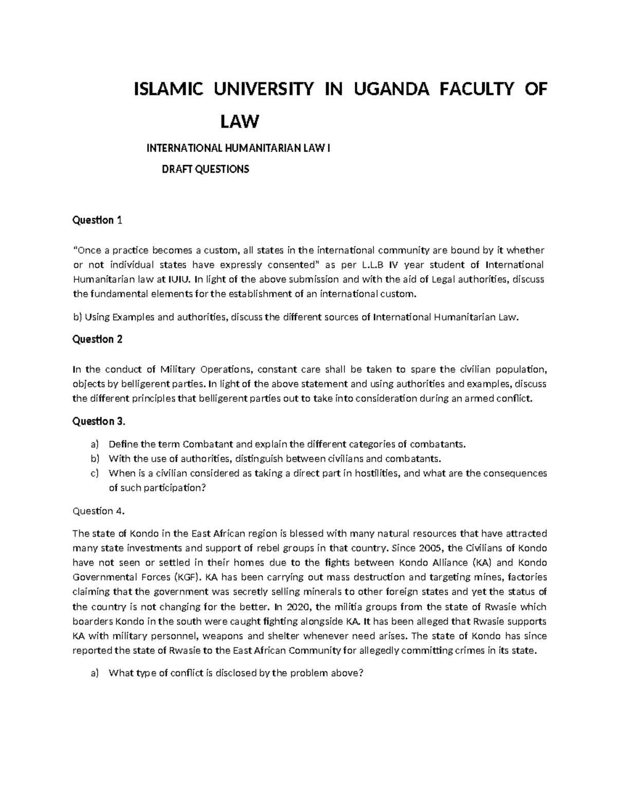IHL Draft - IHL Moot question - ISLAMIC UNIVERSITY IN UGANDA FACULTY OF ...