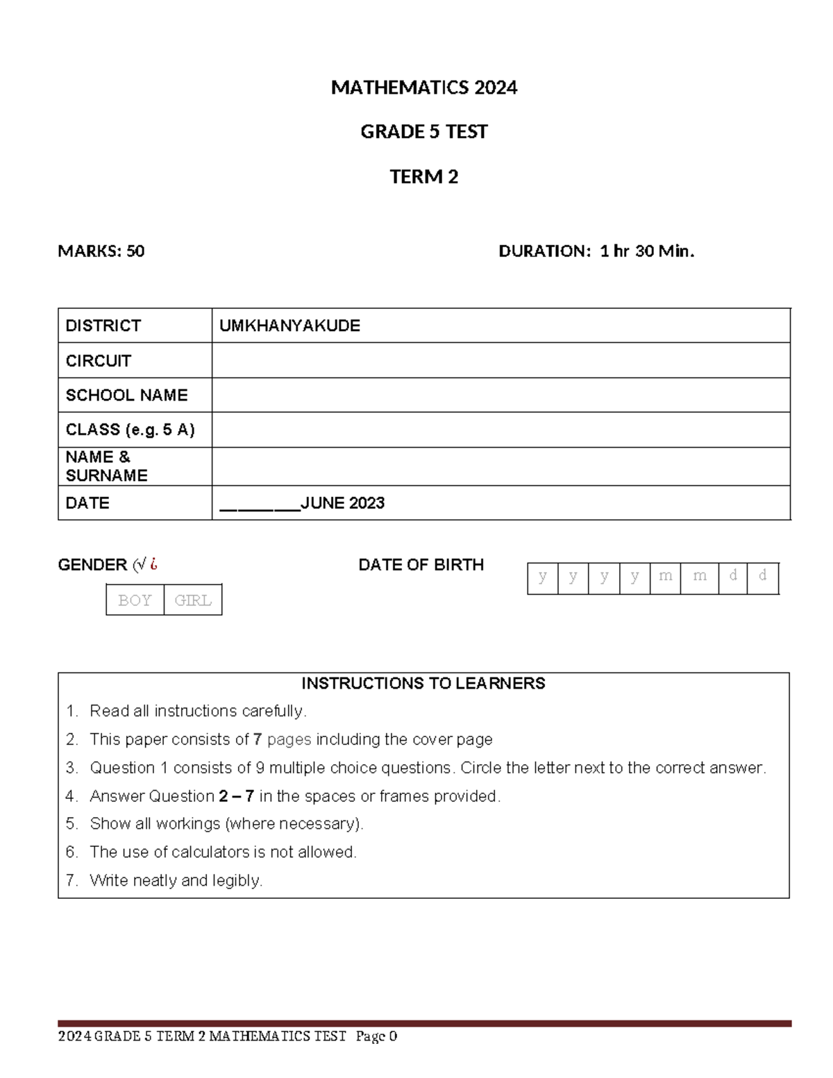Grade 5 Mathematics Test Term 2 2024 - Marks: 50, Duration: 1.5 hrs ...