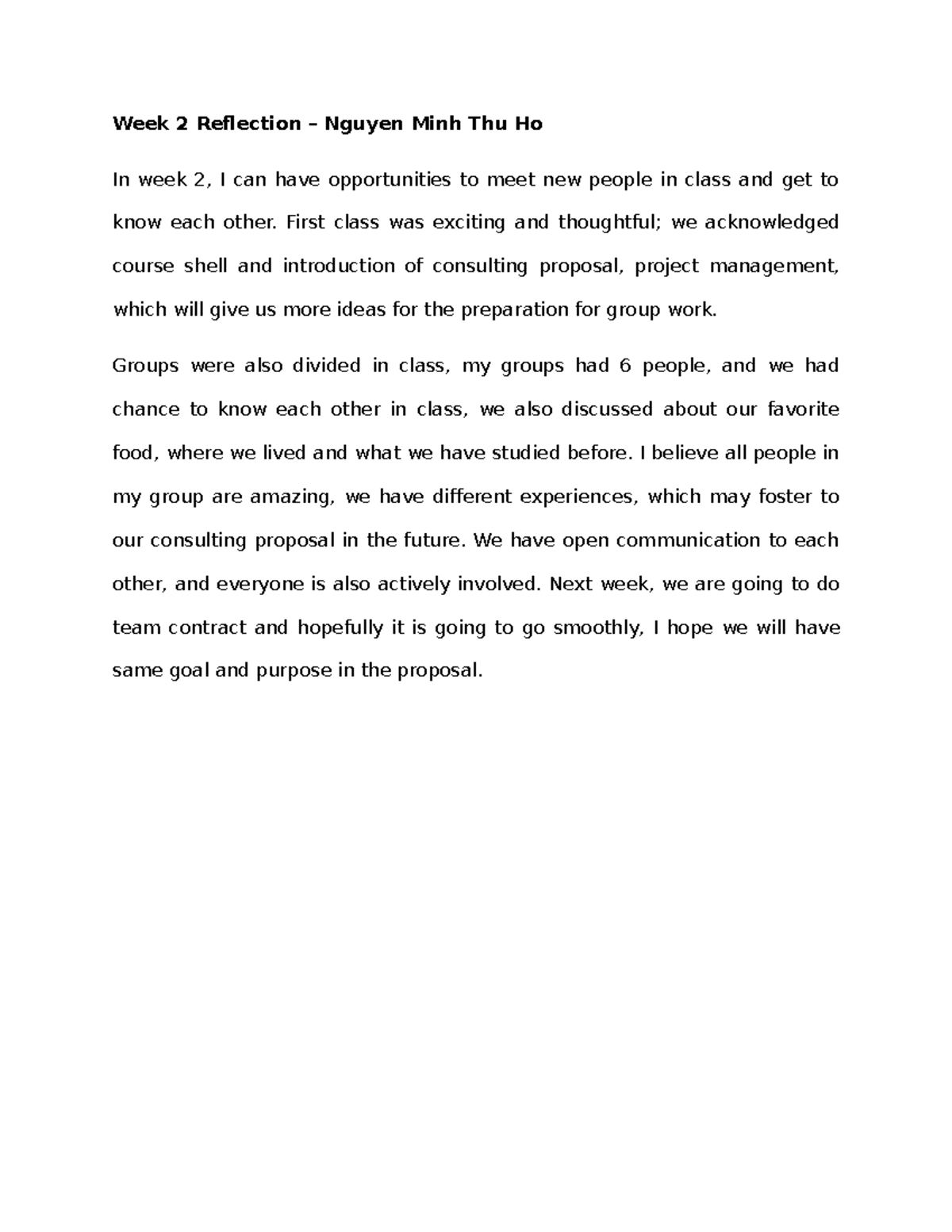 Week 2 Reflection: Building Team Dynamics in Consulting Proposal - Studocu