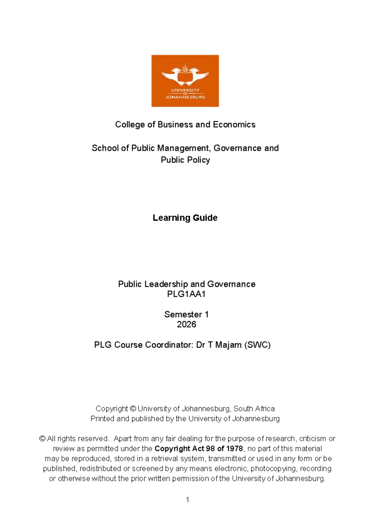 PLG1A Learning Guide: Public Leadership & Governance 2026 Semester 1 ...