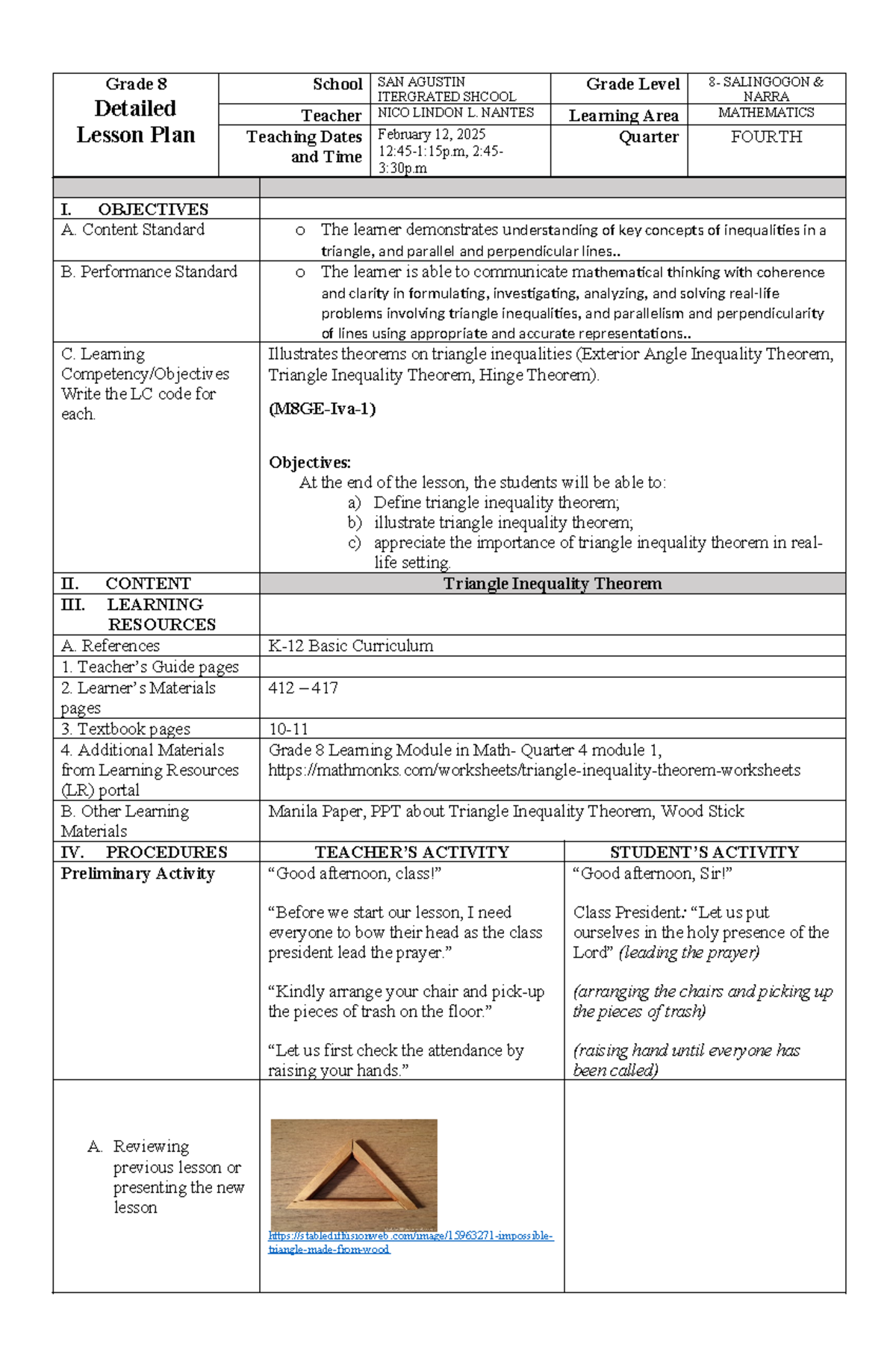 Math8 week1 LP1 - BSED MATH - Grade 8 Detailed Lesson Plan School SAN ...