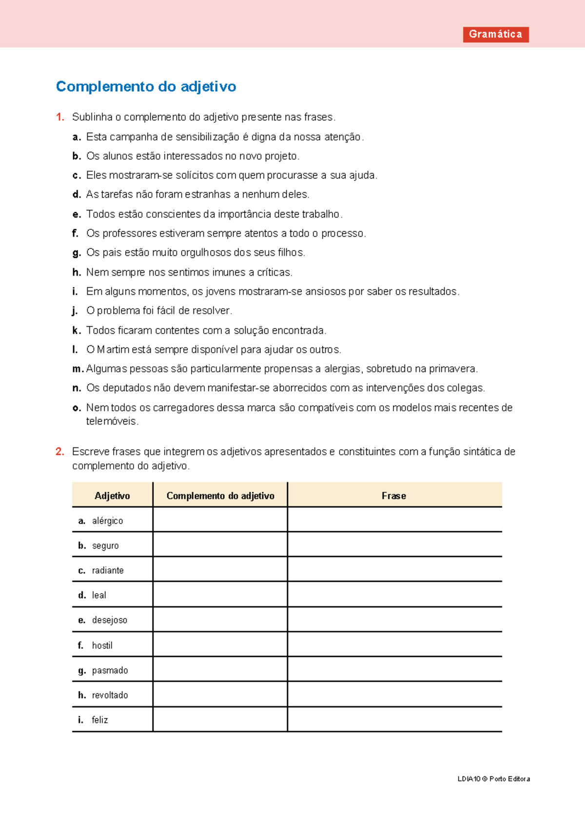 Ldia10 ficha gramatica complemento adjetivo - Gramática LDIA10 © Porto ...