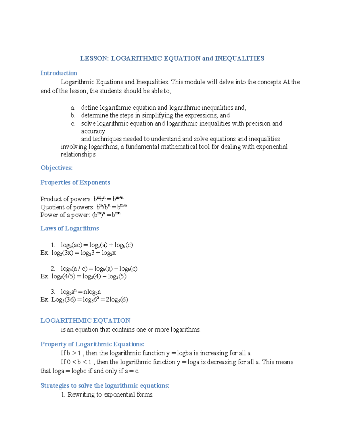 Logarithmic Equation AND Inequalities Module - LESSON: LOGARITHMIC ...