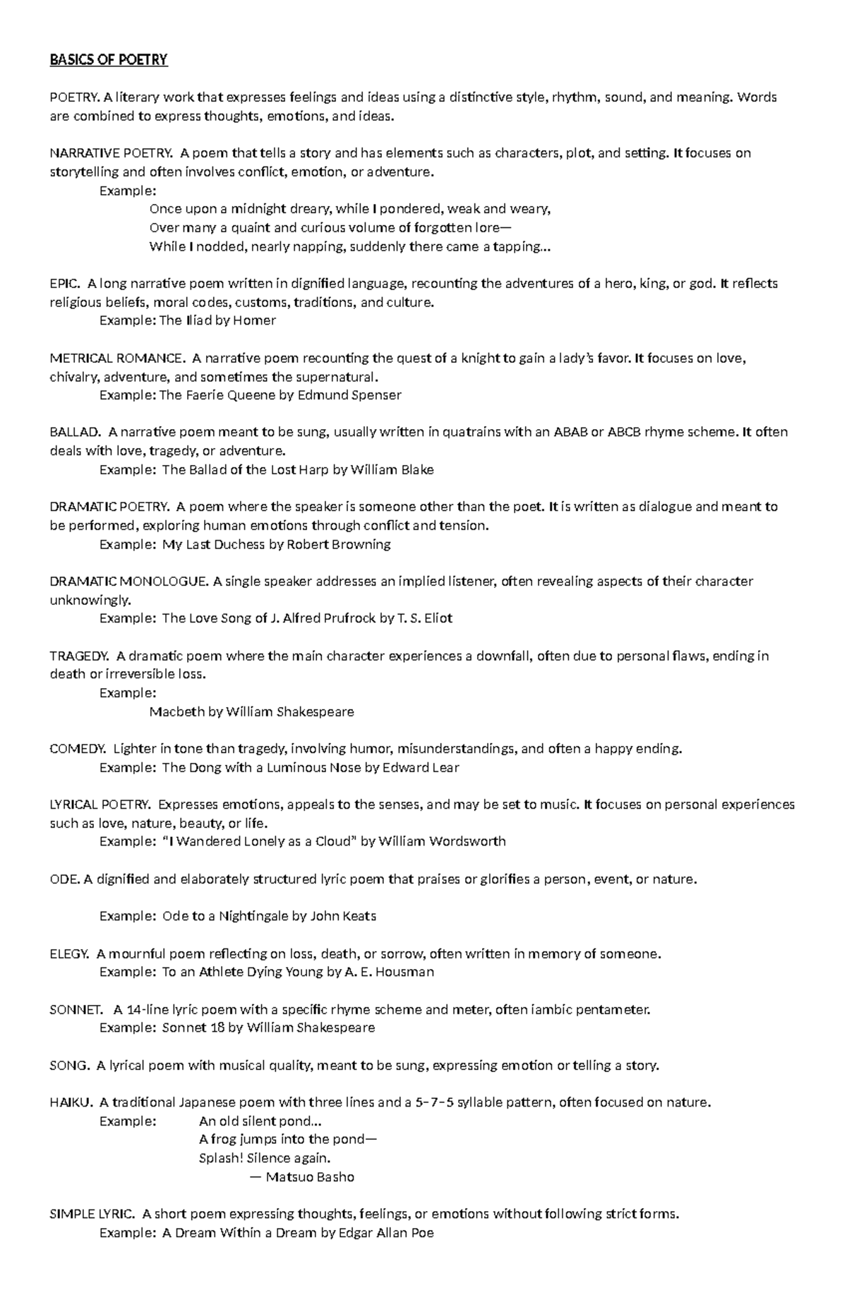 BASICS OF POETRY: Understanding Forms and Techniques - Studocu