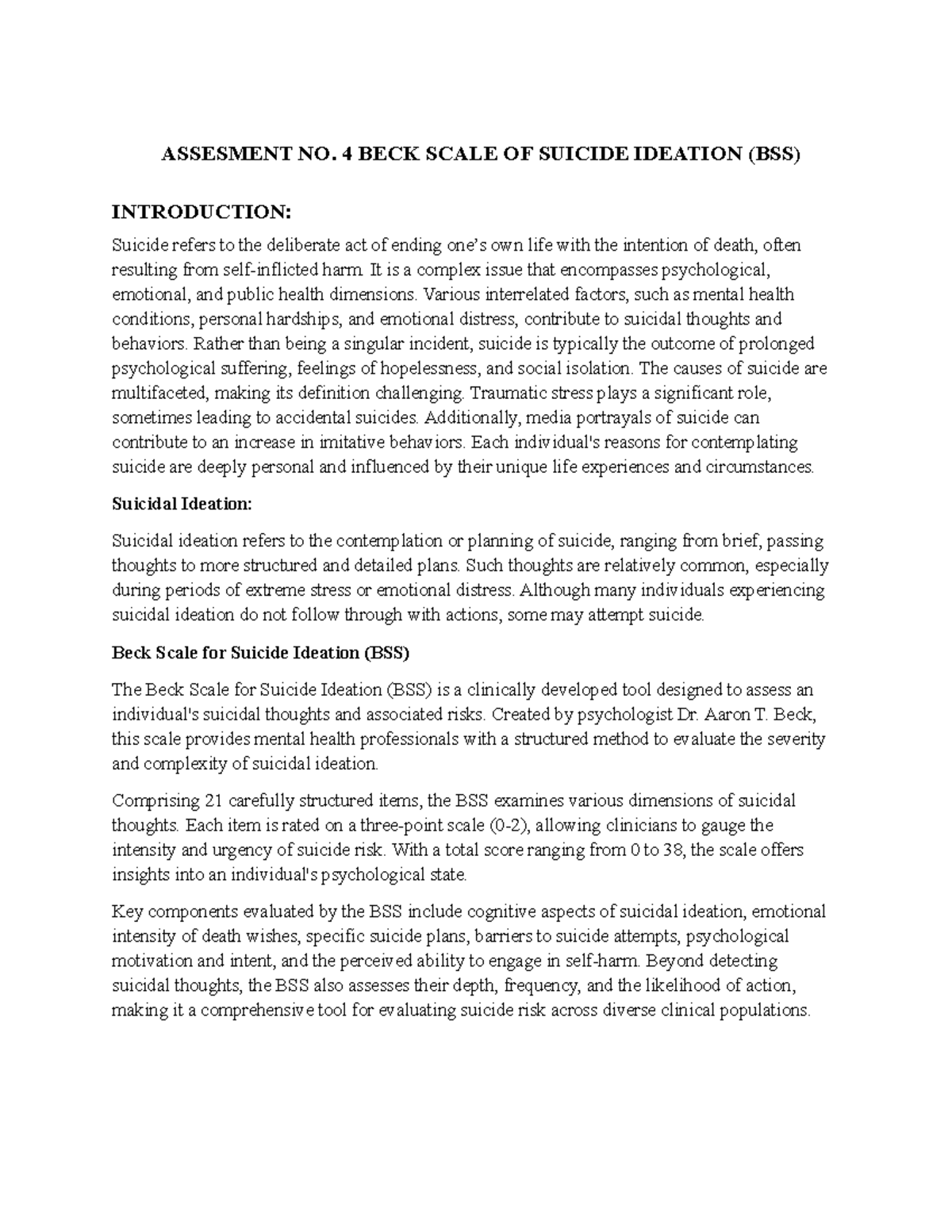 BSS - Comprehensive Review of the Beck Scale for Suicide Ideation - Studocu