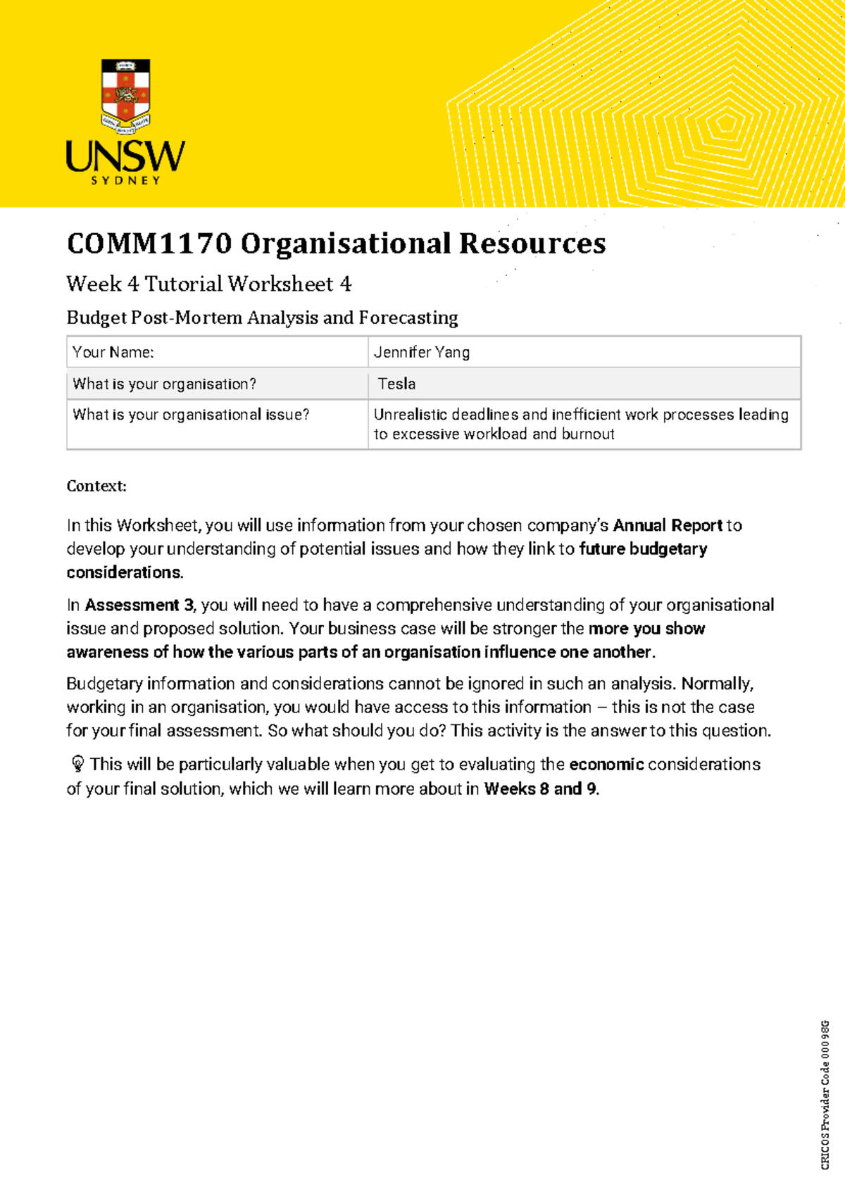 COMM1170 Week 4 Tutorial: Budget Analysis & Forecasting for Tesla - Studocu