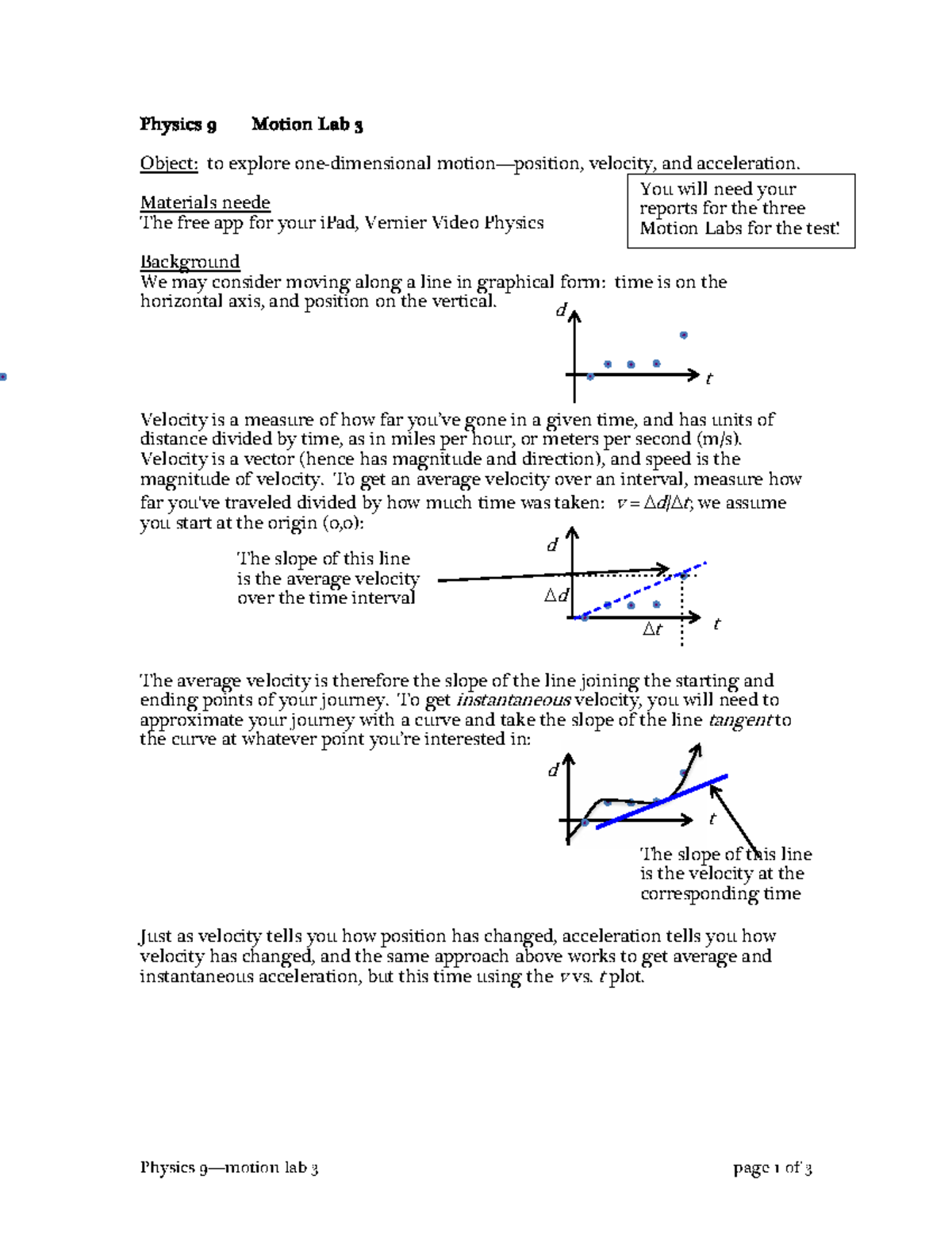 Physics 9 Motion Lab 3: Exploring One-Dimensional Motion Dynamics ...