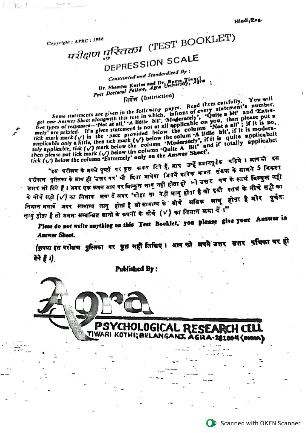 APRC! 1986: Depression Scale Assessment Booklet - Studocu