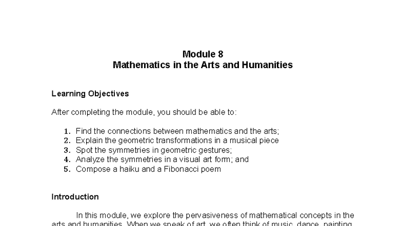 Mathematics in the Arts and Humanities: Module 8 Learning Objectives ...