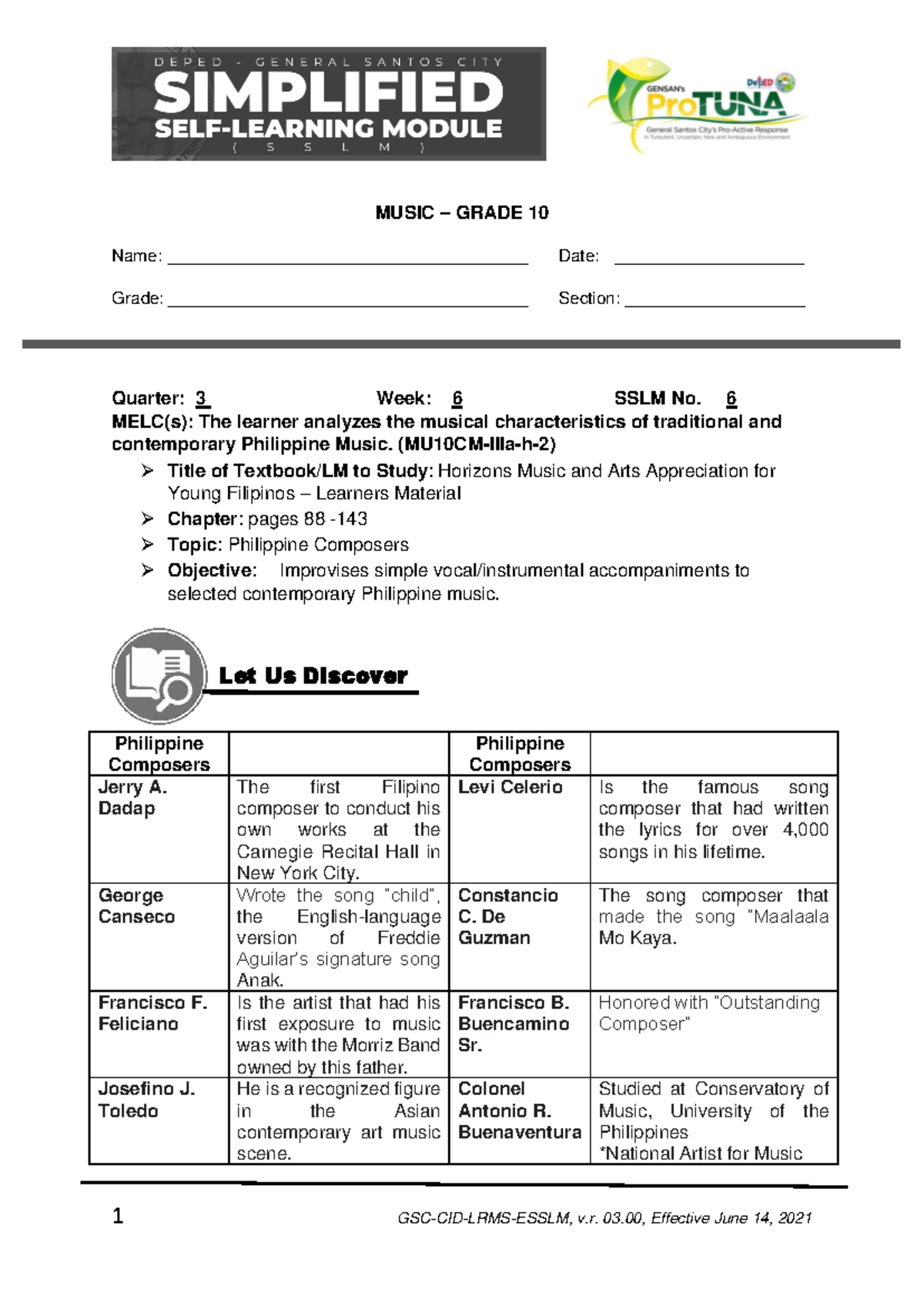 Q3 Music 10 SSLM No. 6: Philippine Composers & Contemporary Music - Studocu