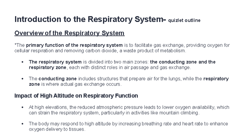 Outline Quizlet: Respiratory System Overview and Key Concepts - Studocu