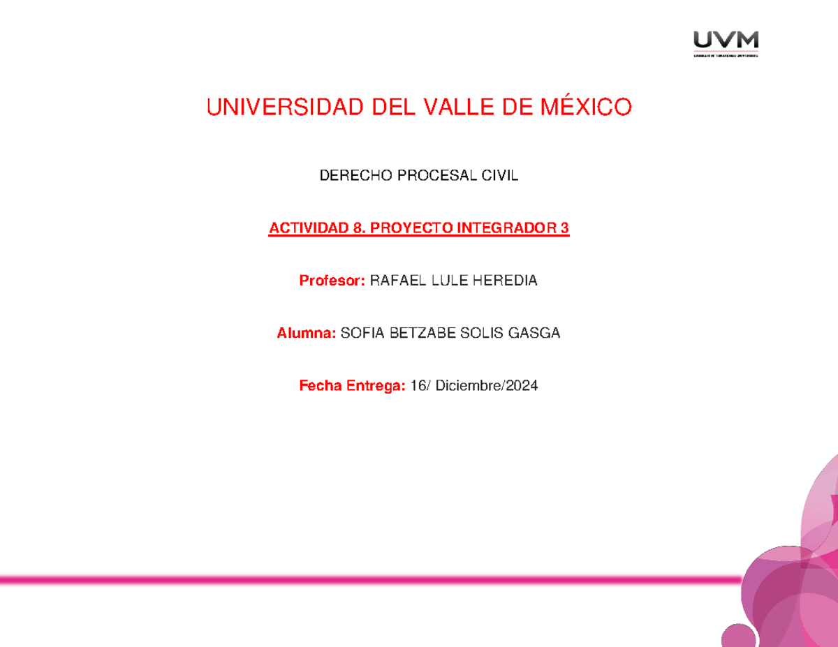 Proyecto integrador Etapa 3 - UNIVERSIDAD DEL VALLE DE MÉXICO DERECHO PROCESAL CIVIL ACTIVIDAD 8 ...