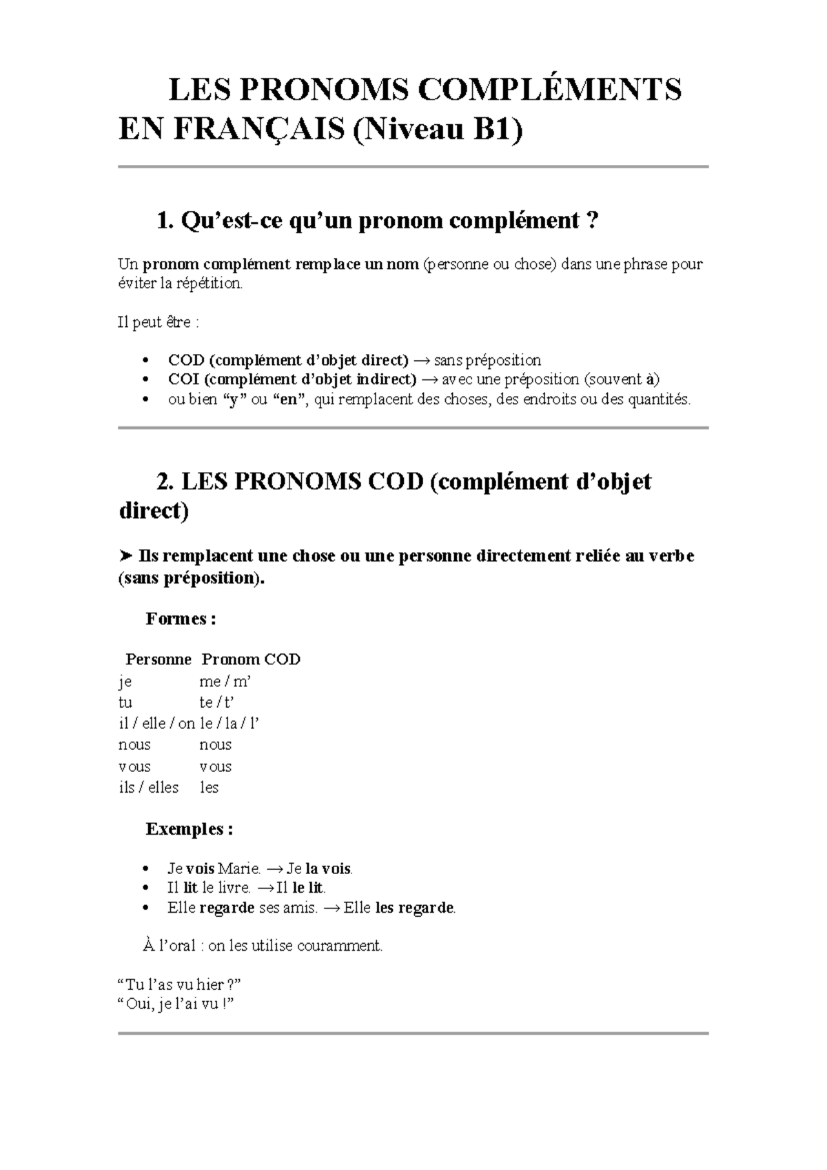 Les Pronoms Compléments en Français (Niveau B1) - Guide Complet - Studocu