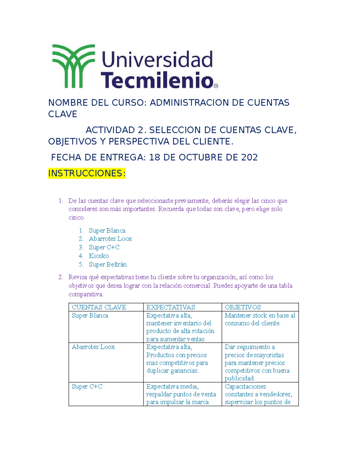 Actividad 2: Selección de Cuentas Clave y Perspectiva del Cliente ...