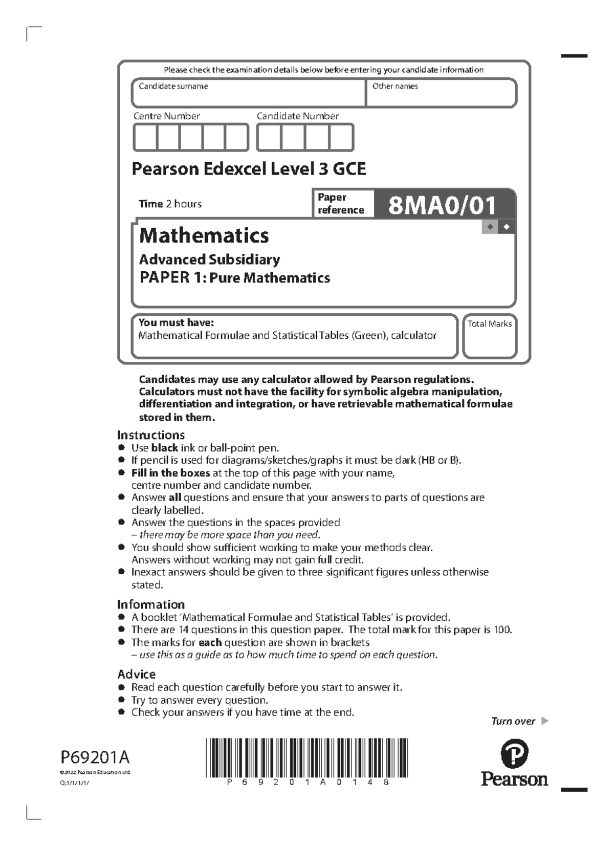 AS Level 2022 Mathematics Paper 1: Pure Mathematics Exam Details - Studocu