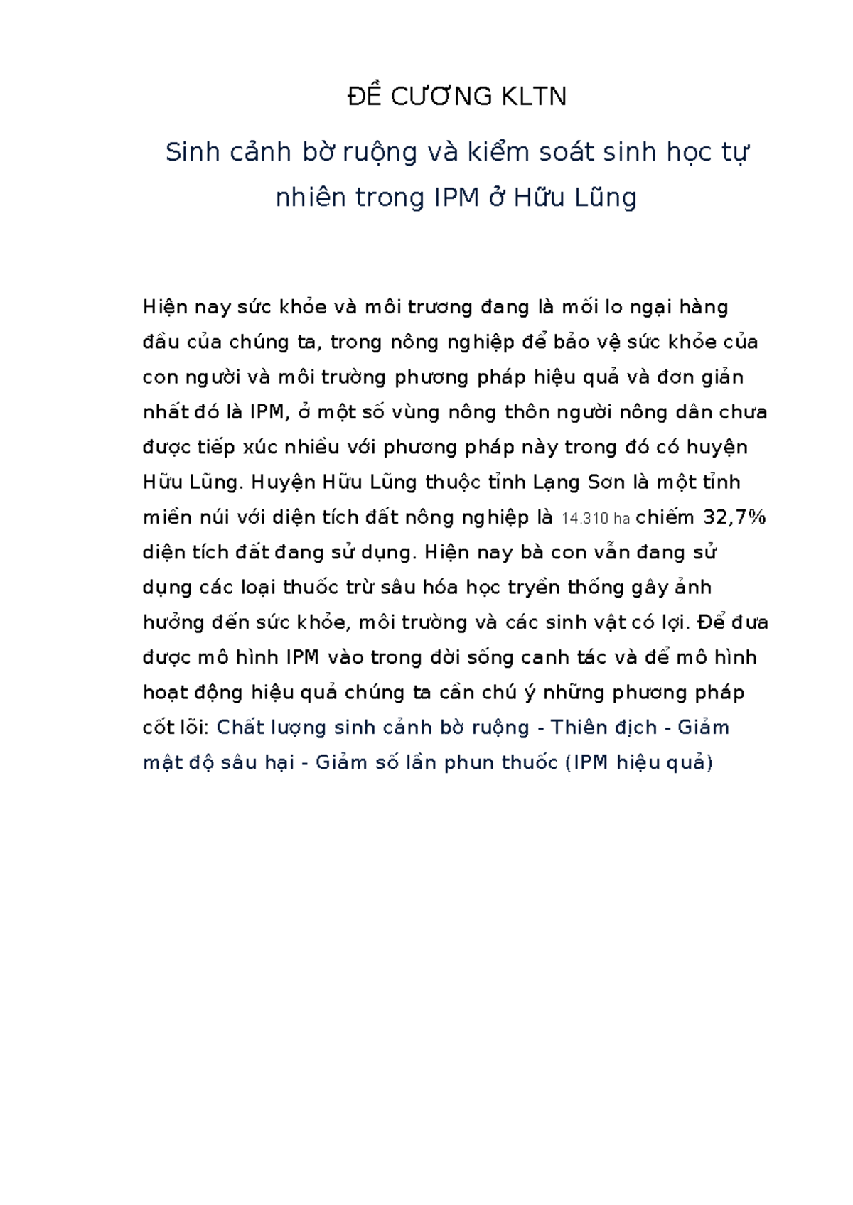 Đề Cương KLTN: Sinh Cảnh Bờ Ruộng và Kiểm Soát Sinh Học IPM - Studocu