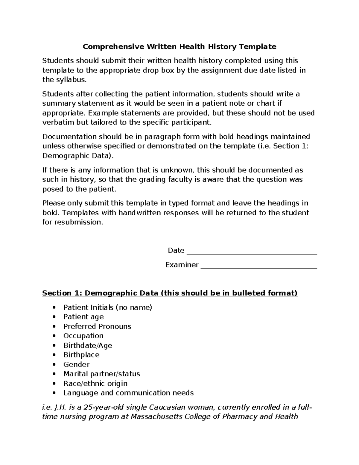 NUR 101 Final Exam: Comprehensive Written Health History Template - Studocu