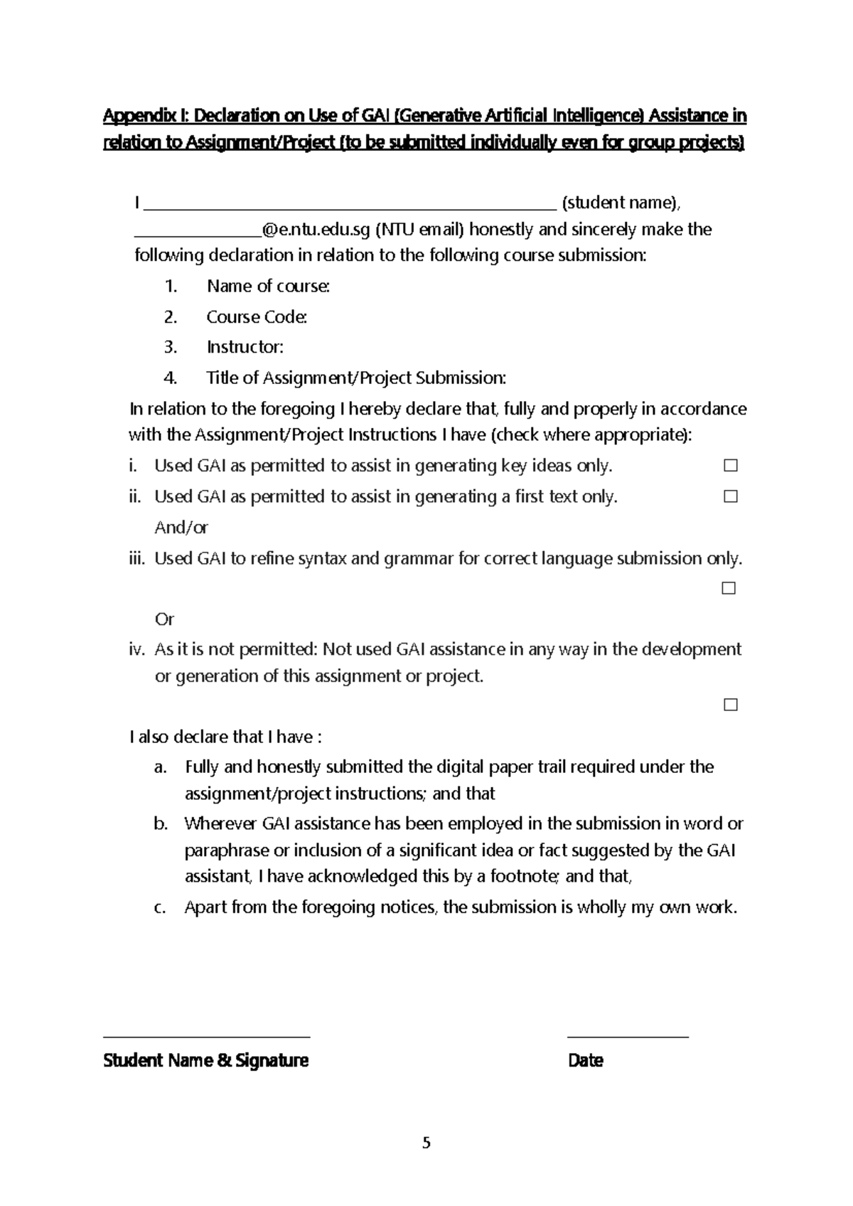 NTU Declaration on GAI Use for Course Assignments/Projects - Studocu
