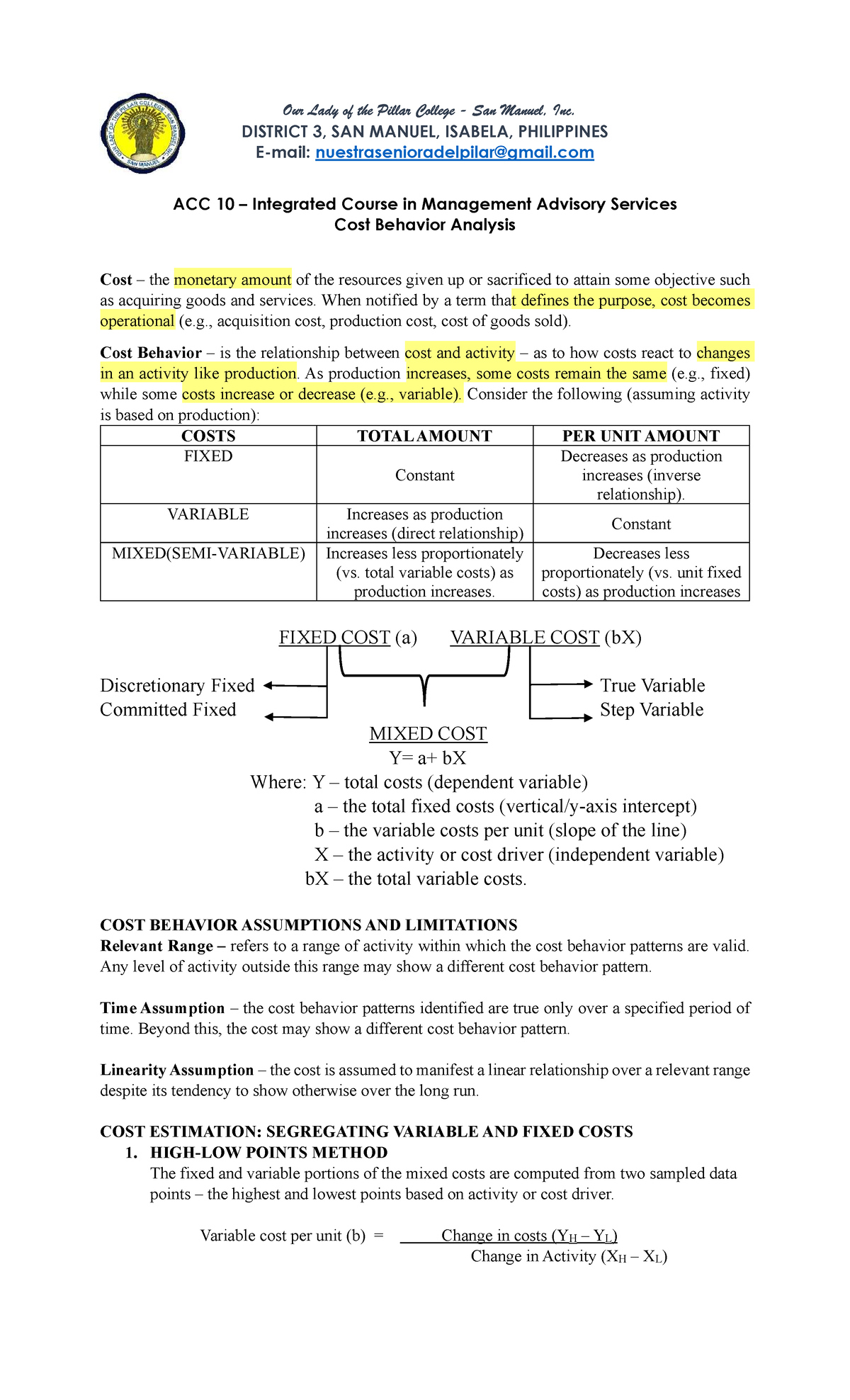 ACC 10 Cost Behavior Analysis: Understanding Fixed and Variable Costs ...