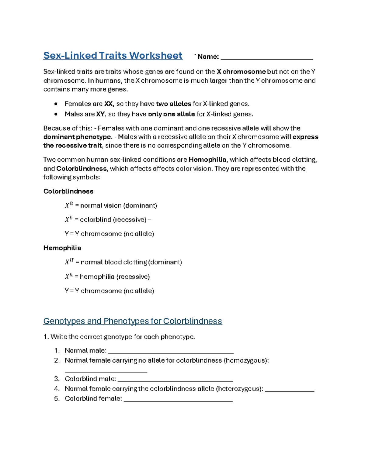 Sex-Linked Traits Worksheet (WS): Understanding X-Linked Inheritance ...