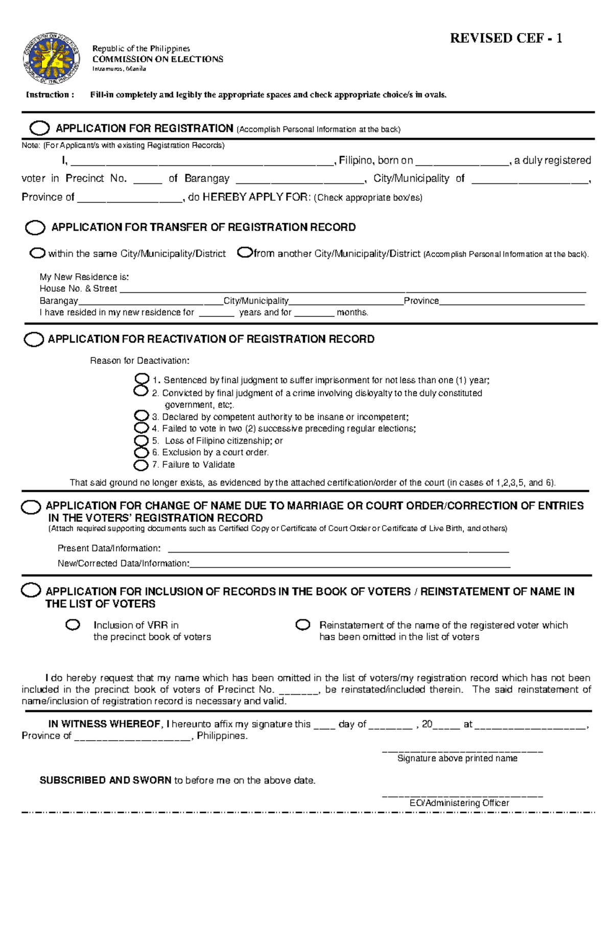 APPLICATION FOR REGISTRATION CEF1 - Comprehensive Voter Registration ...