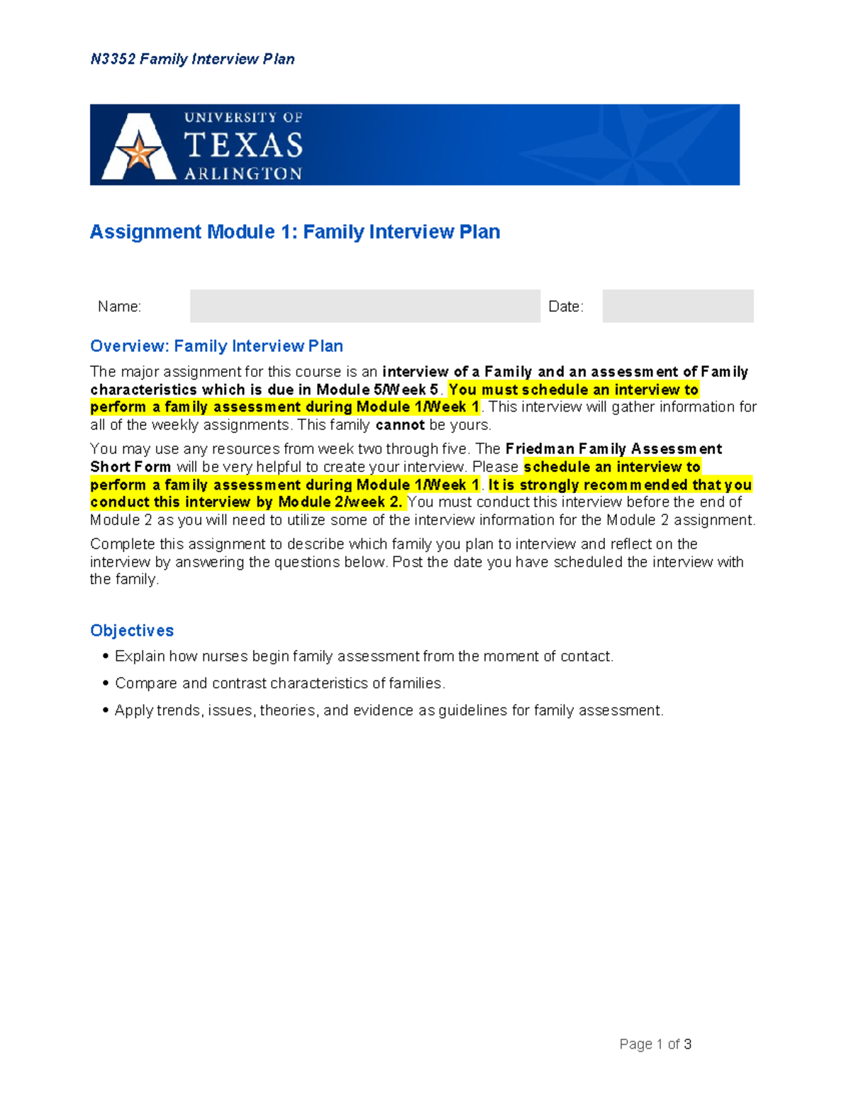 N3352 Module 1 Family Interview Plan and Assessment Guide - Studocu
