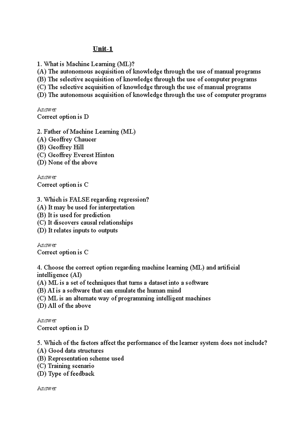 ML MCQ all 5 - Machine Learning MCQ's - Unit- What is Machine Learning ...