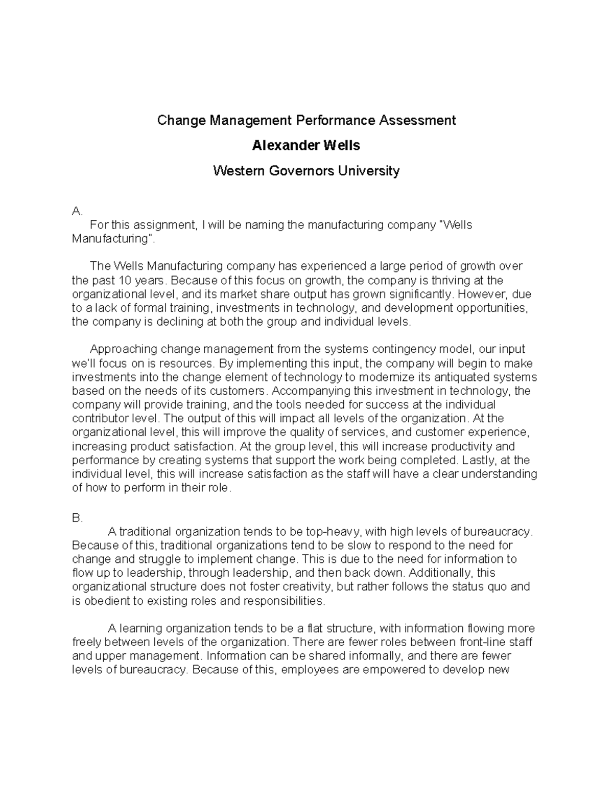C721 Task 1 - Change Management Assessment for Wells Manufacturing ...
