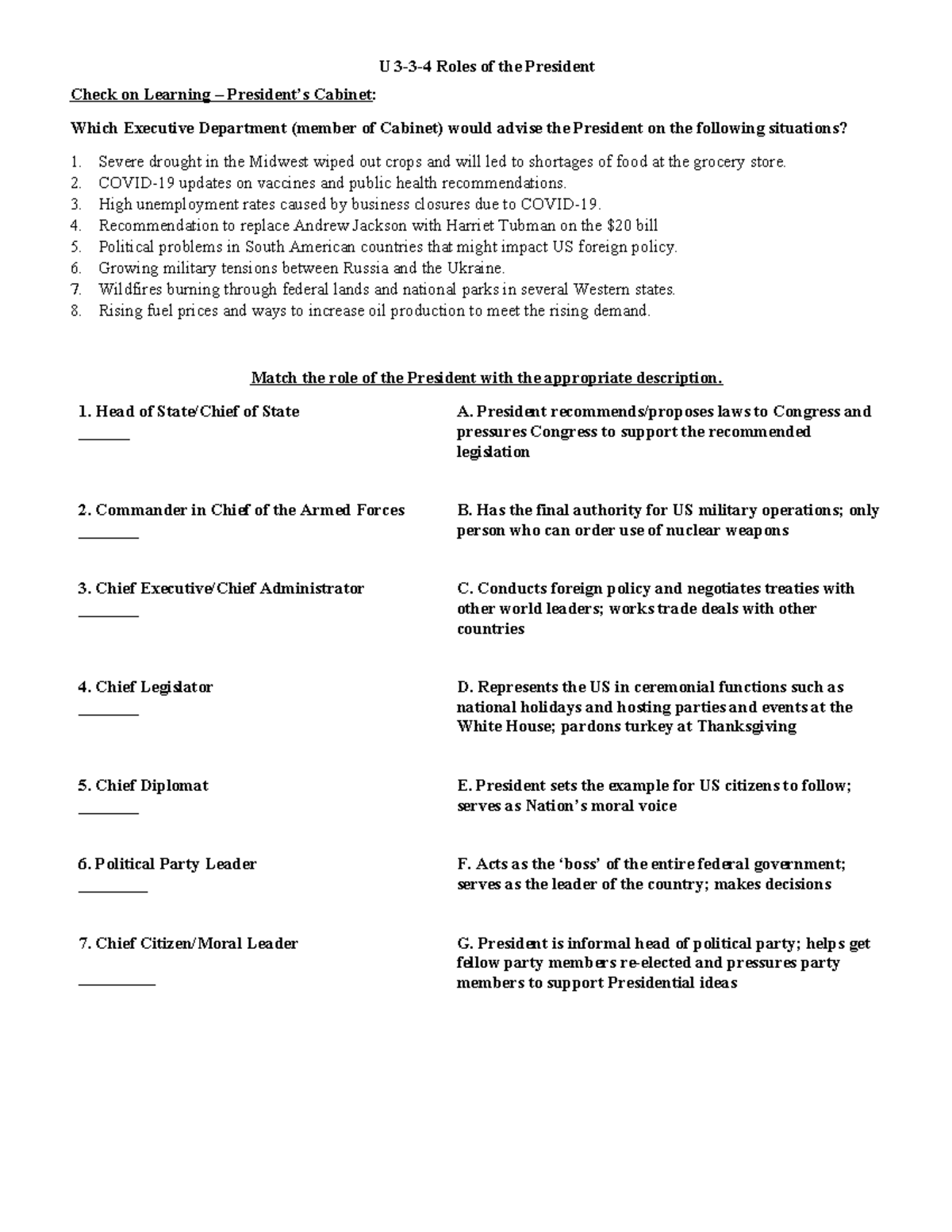 Executive Branch Study Guide: Roles, Powers, and Responsibilities (Unit ...