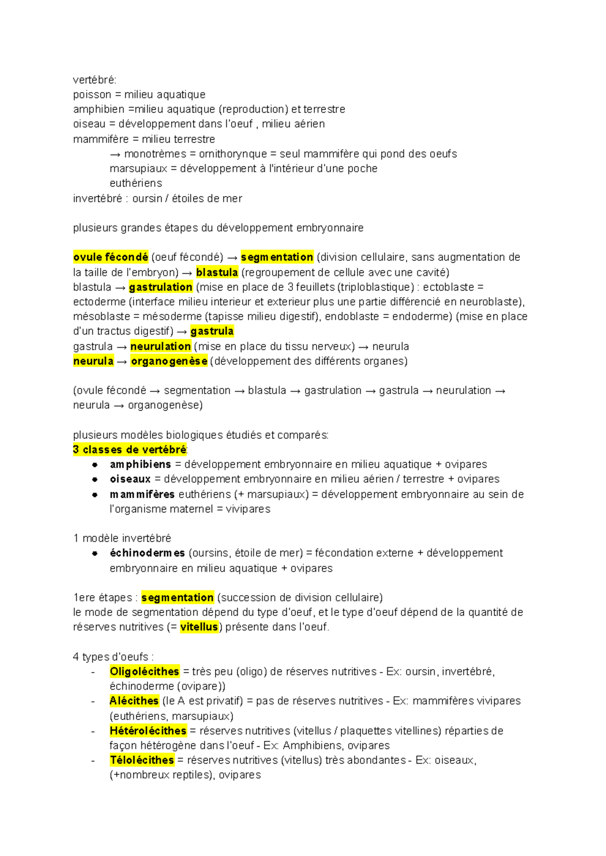 CM Embryologie: Développement des Vertébrés et Invertébrés - Studocu