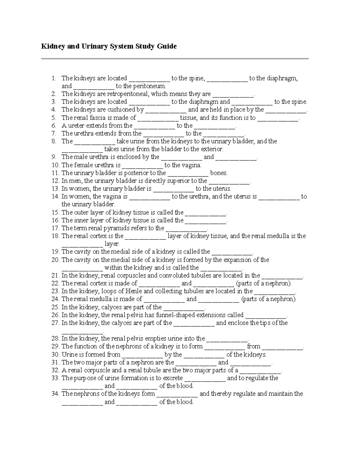 A&P Kidney and Urinary System Study Guide with answers - Kidney and ...