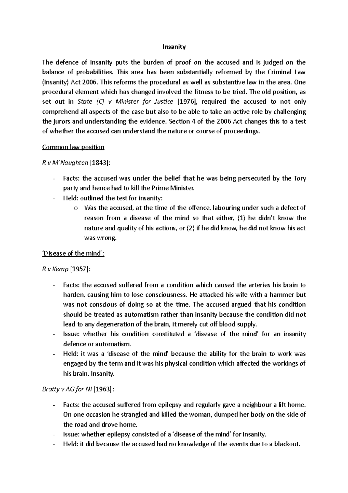 Law 101: Insanity Defense Summary & Case Law Overview - Studocu