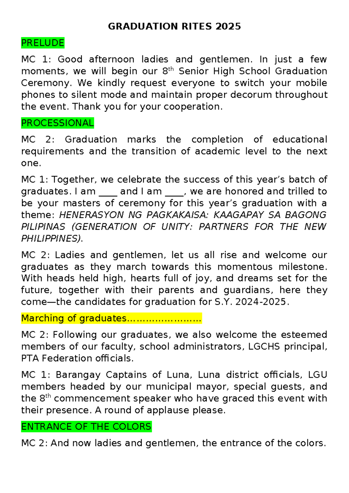 Graduation Rites 2025: Script for Senior High School Ceremony - Studocu