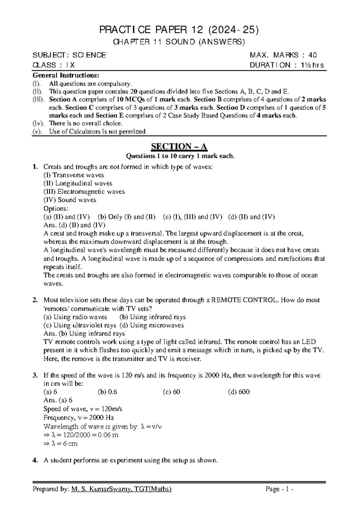 Science Class IX Chapter 11 Sound Practice Paper 12 (2024) Answers ...