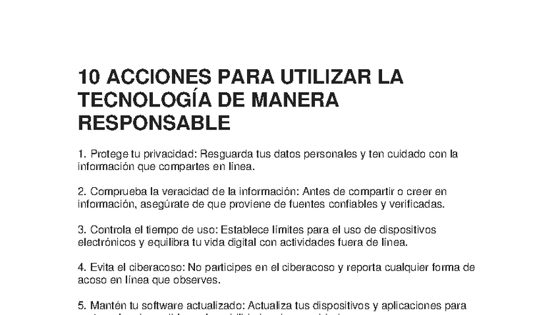 10 ACCIONES PARA USAR LA TECNOLOGÍA RESPONSABLEMENTE - Studocu