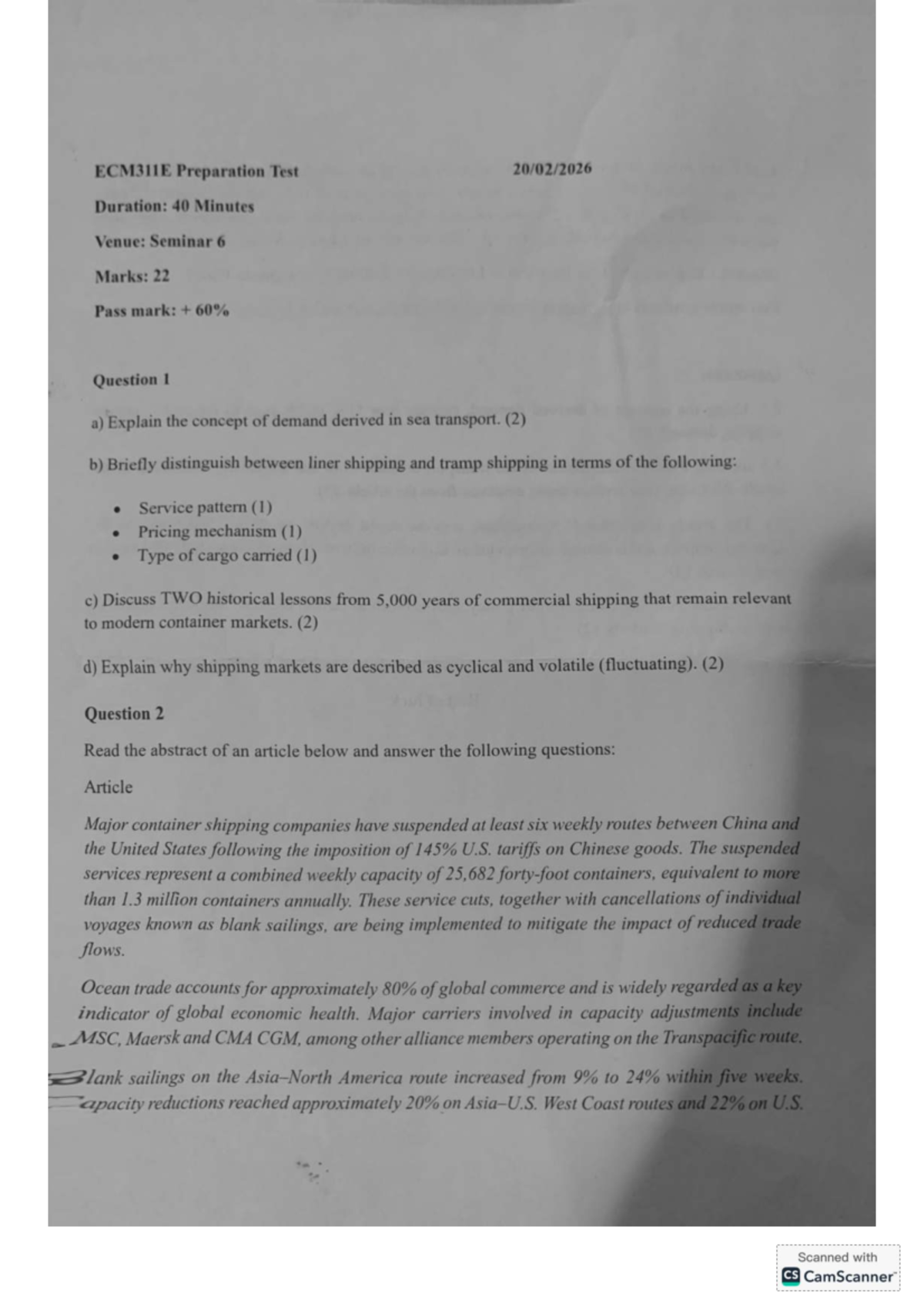 ECM311E Mock Test: Demand in Sea Transport & Shipping Markets - Studocu