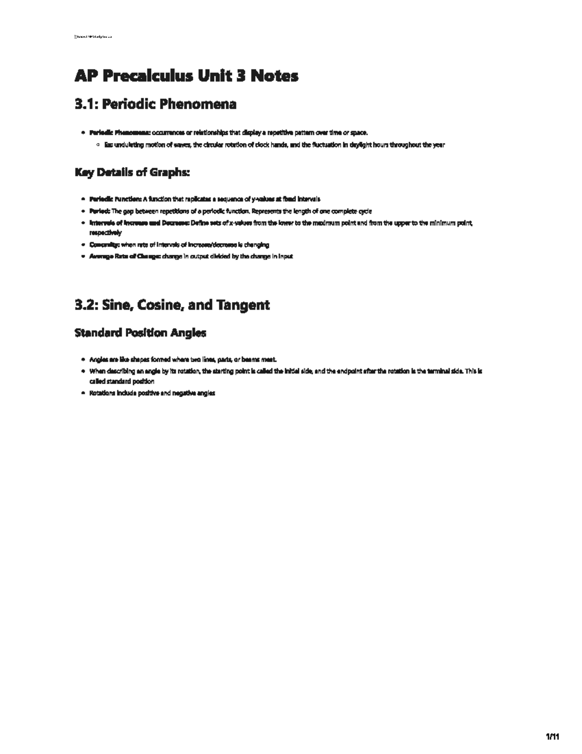 AP Precalculus Unit 3: Periodic Functions and Trigonometry Notes - Studocu