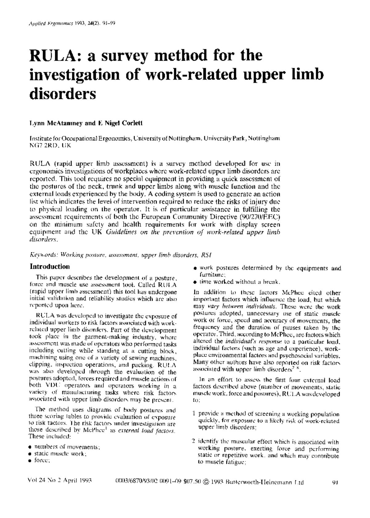 RULA 1993: Survey Method for Work-Related Upper Limb Disorders - Studocu